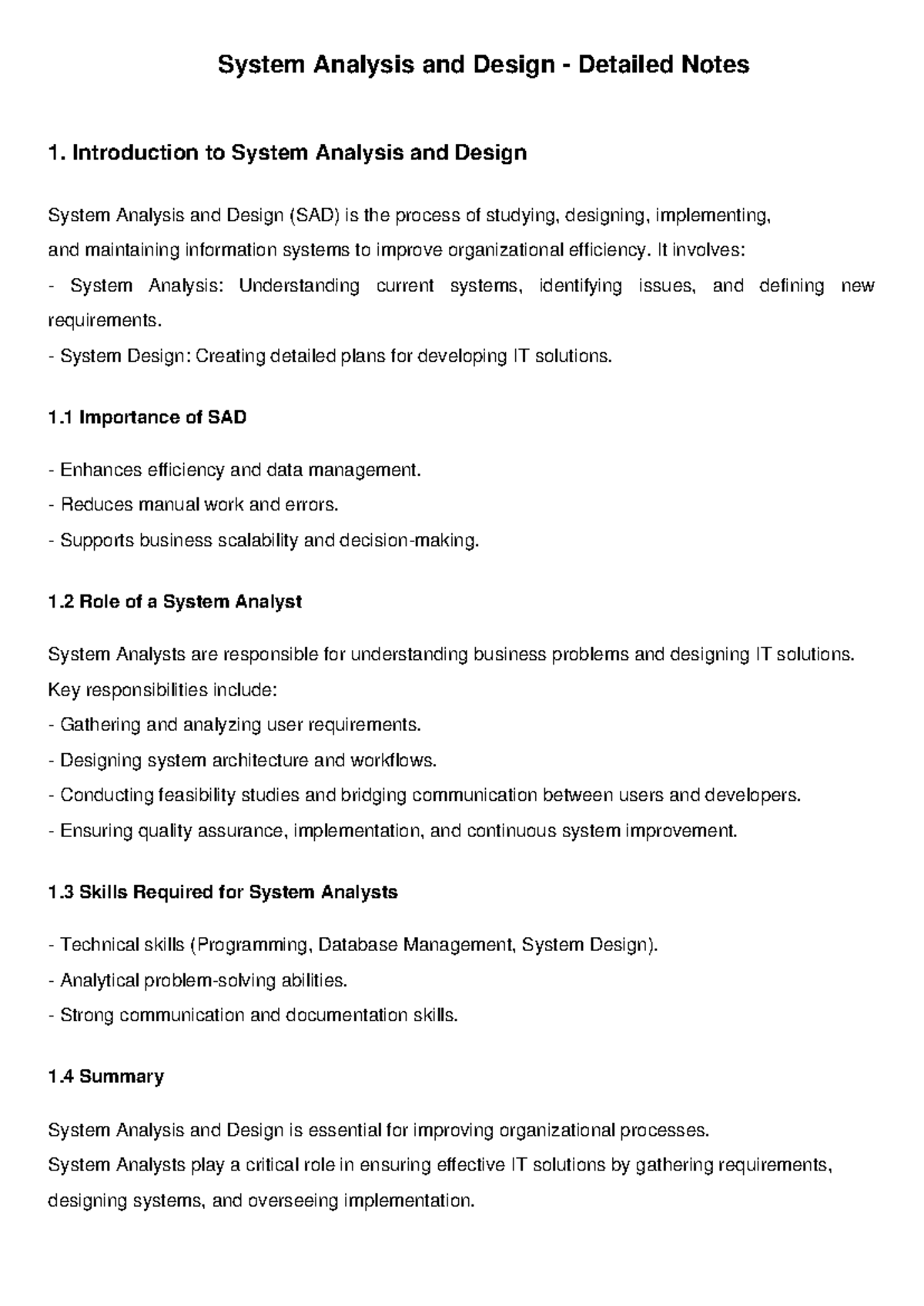 SAD 101: Comprehensive System Analysis and Design Notes - Studocu