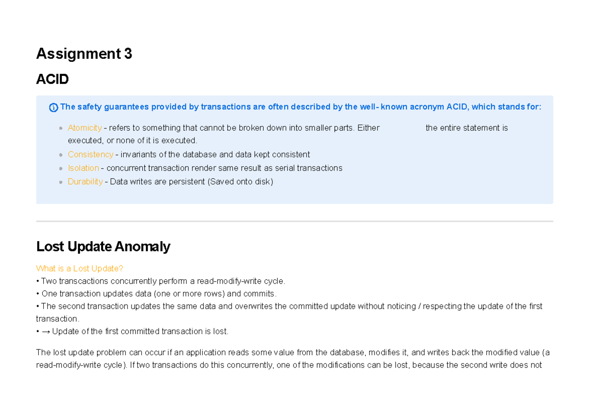 Assignment 3 - exercises for databases - Assignment 3 ACID Lost Update ...