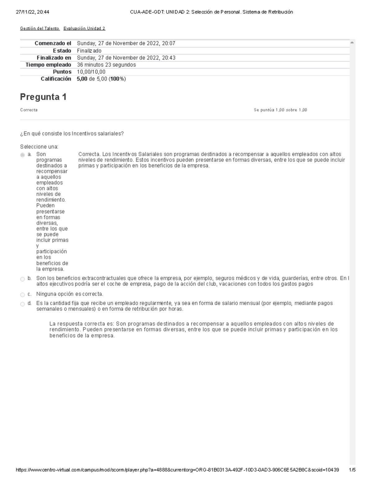 Evaluación U2 - Examen final gstión de talento humano - Gestión del Talento Evaluación Unidad 2 ...