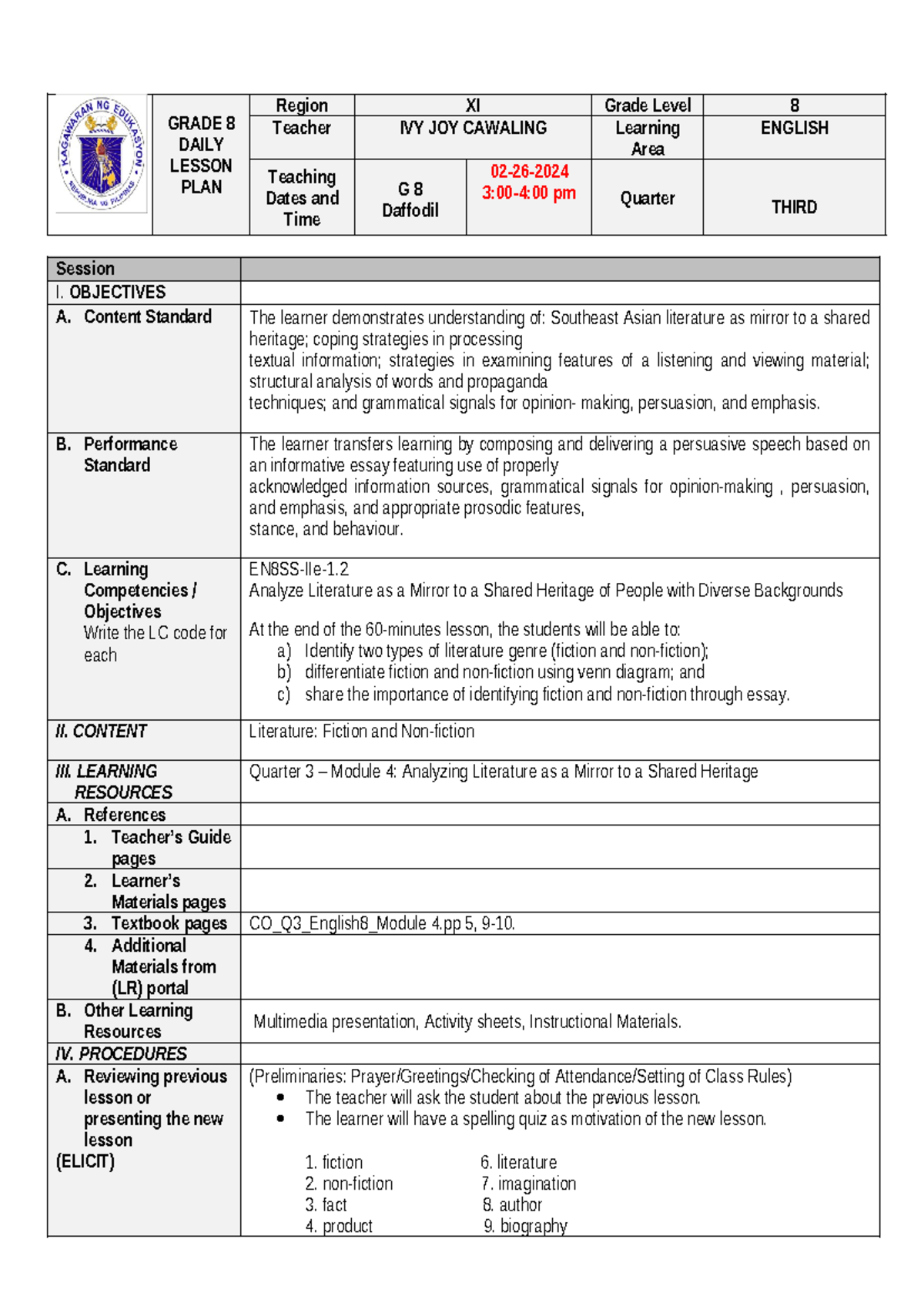 G8 English Lesson Plan: Fiction and Non-Fiction Analysis - Studocu