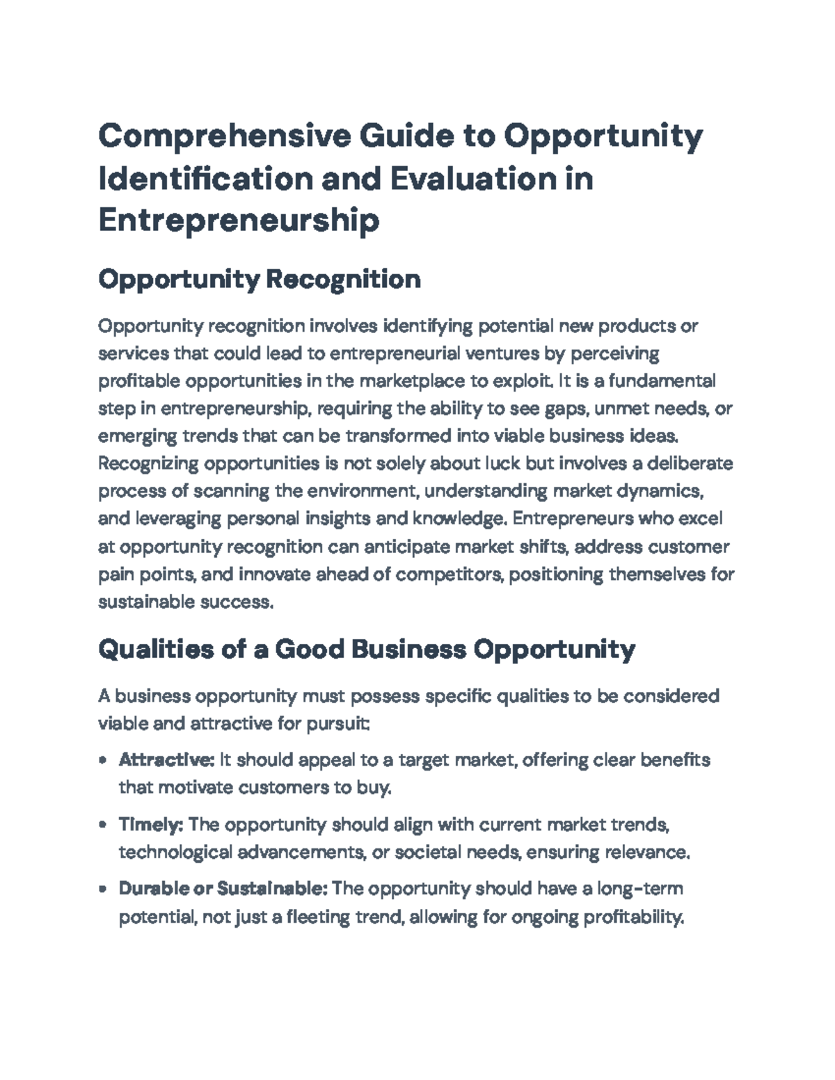Comprehensive Guide to Opp. Recognition & Evaluation in Entrepreneurship - Studocu