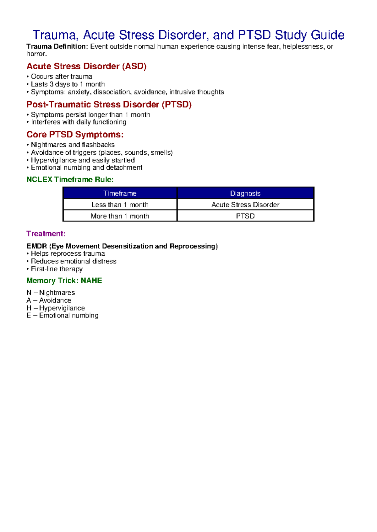 PTSD & Acute Stress Disorder Study Guide (NCLEX) - Studocu