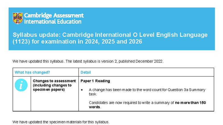 Cambridge O Level English Language (1123) Syllabus Update 2024-2026 ...