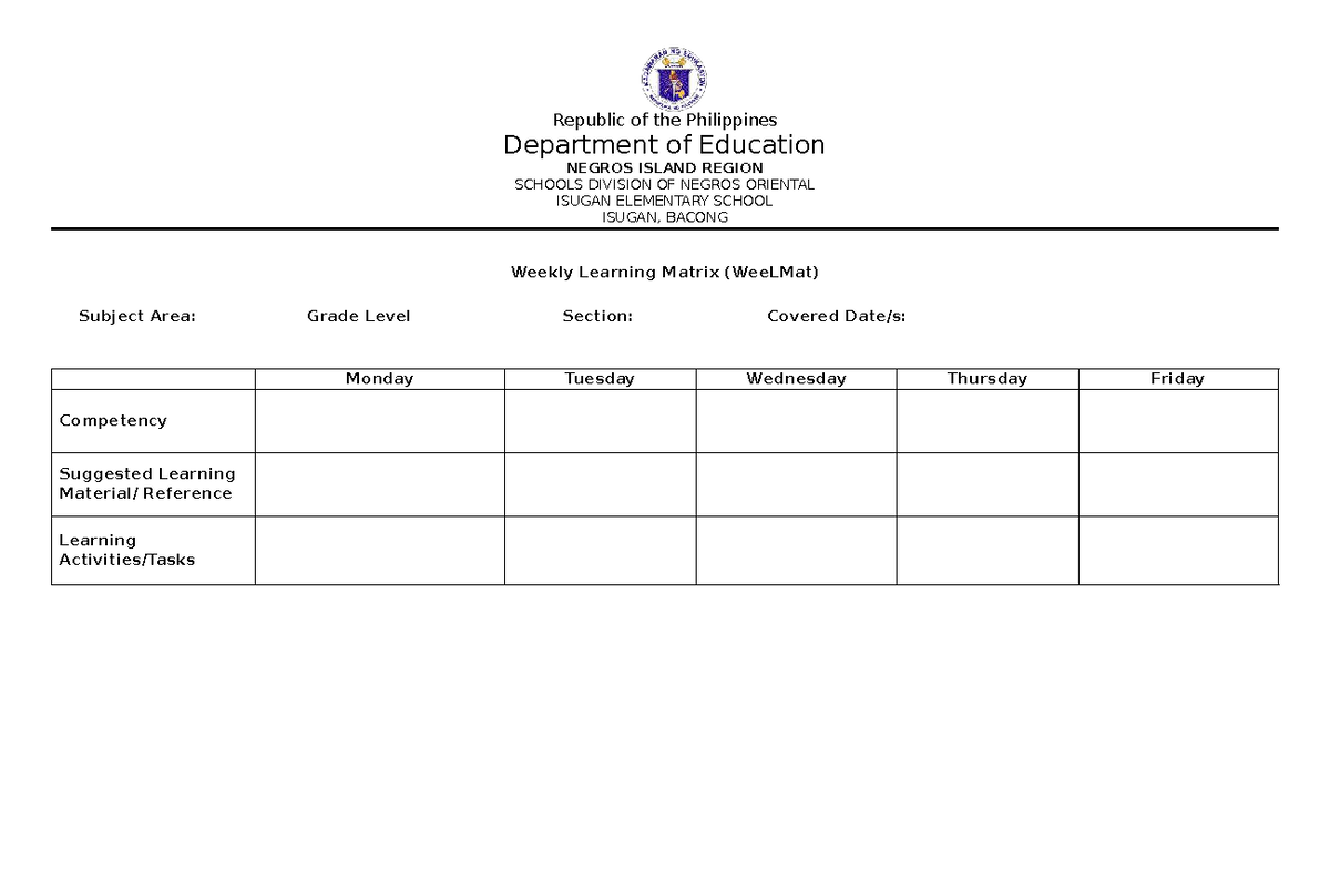 Weekly-Learning-Matrix - Copy - Bachelor of Secondary Education ...