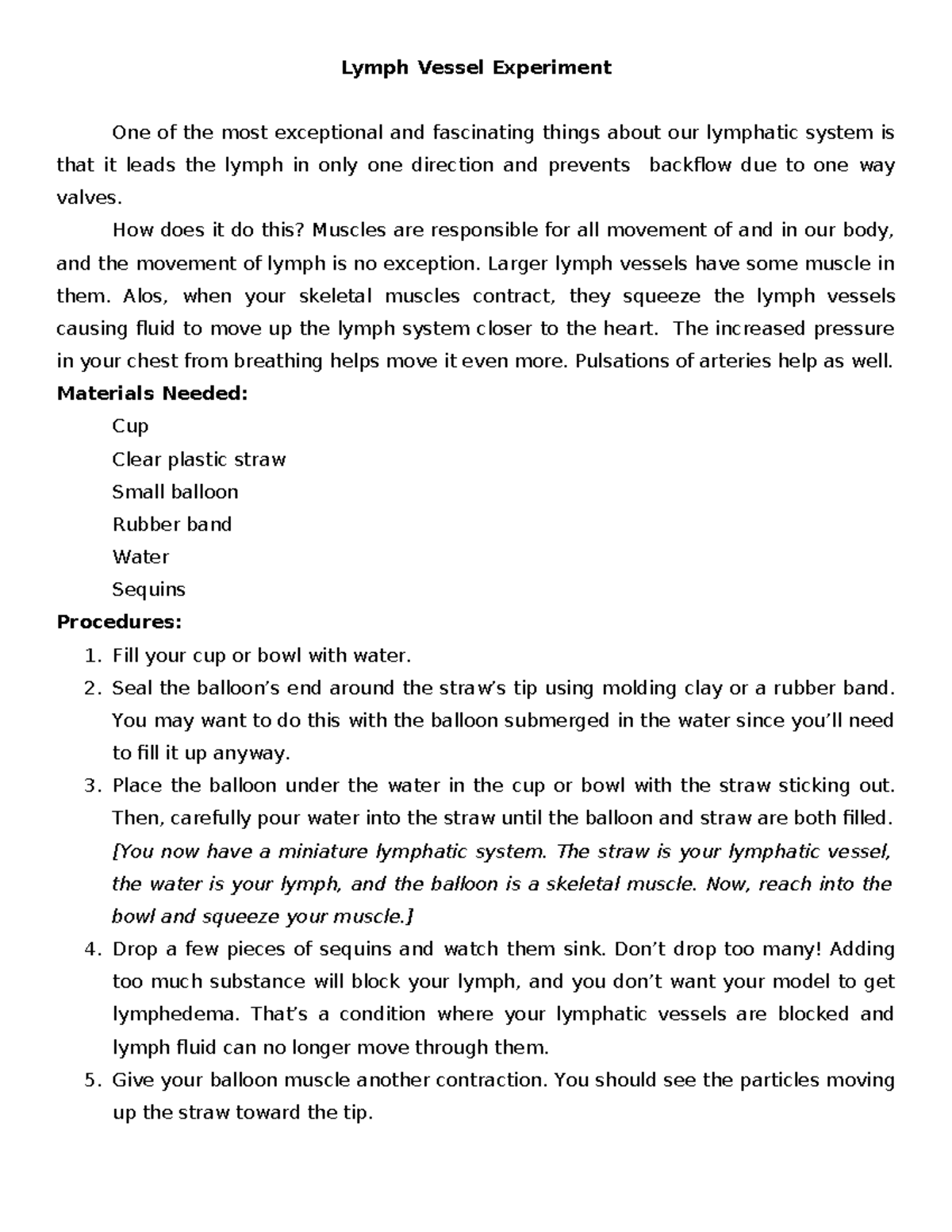 Lymph Vessel Experiment: Understanding Lymphatic Flow Mechanics - Studocu