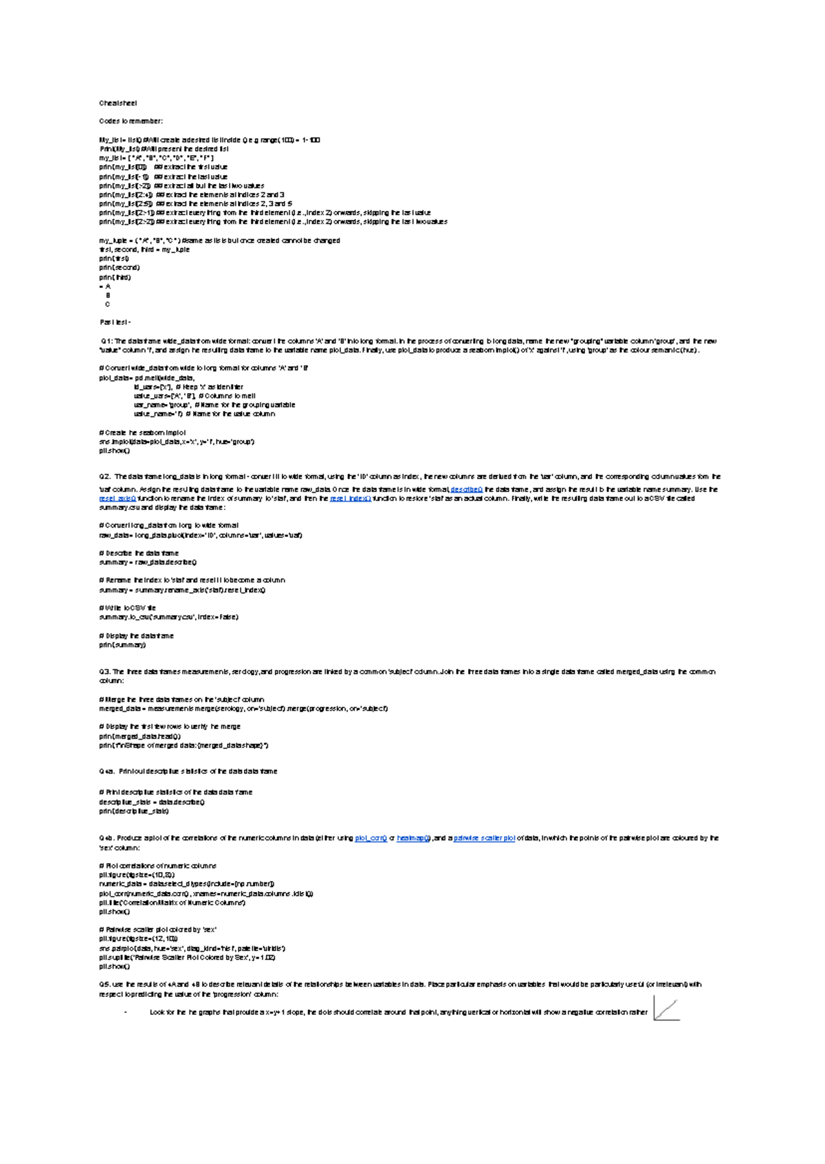 INFO204 Past Test Cheat Sheet: Data Frame Manipulations & Model Fitting ...