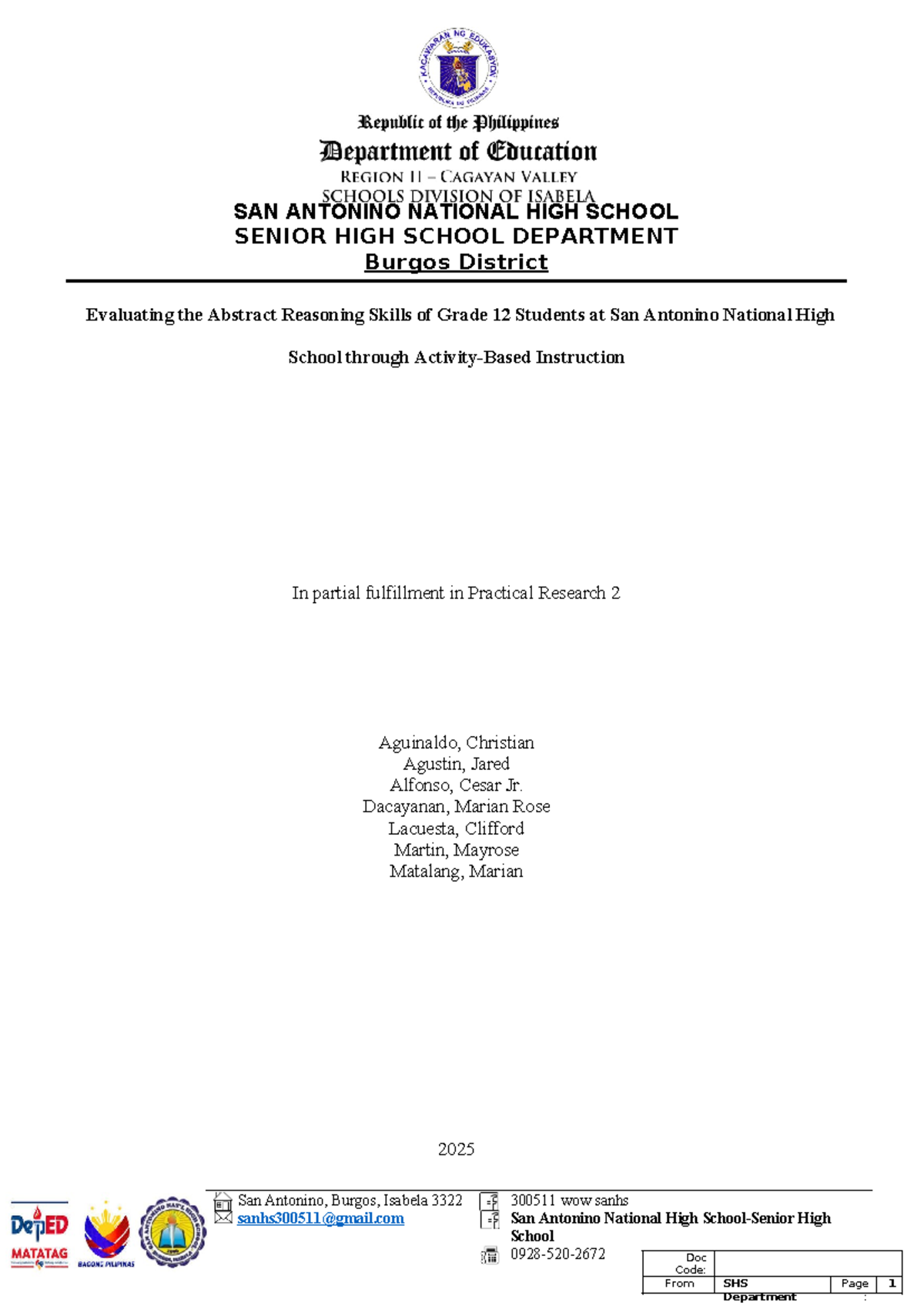 Evaluating Abstract Reasoning Skills in Grade 12: Research for PR2 ...