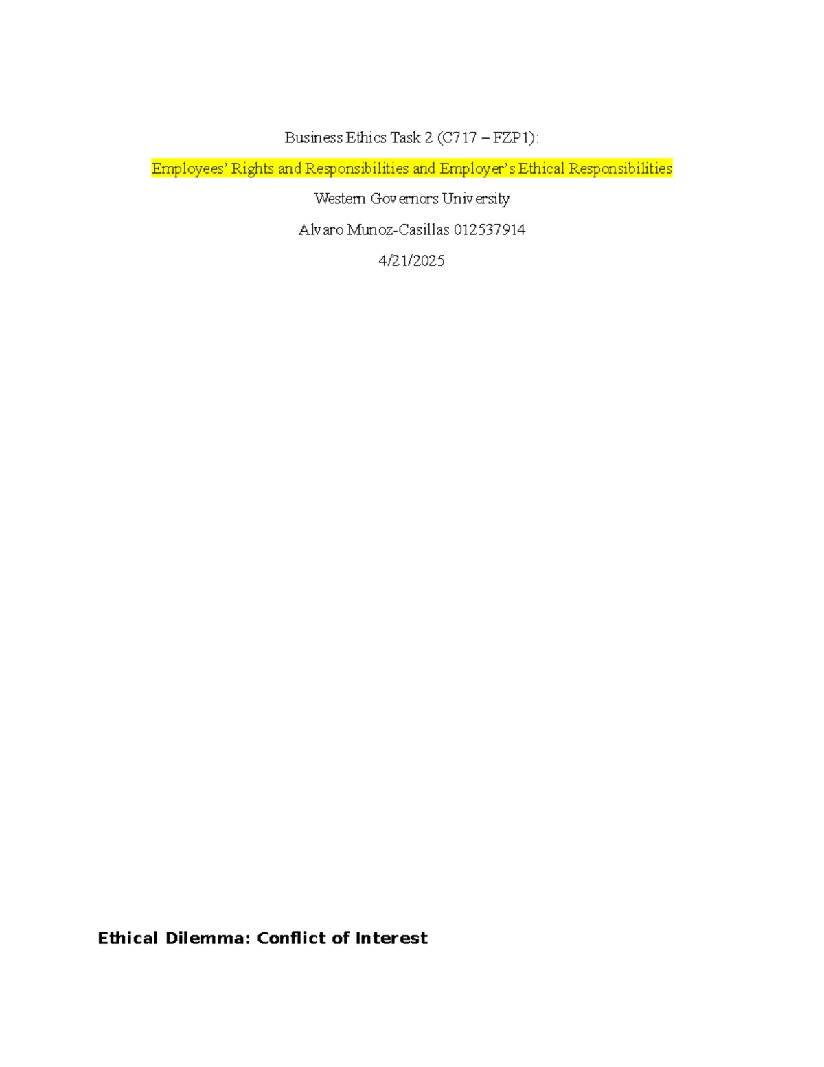 C717 FZP1: Business Ethics Task 2 - Rights & Responsibilities Analysis ...
