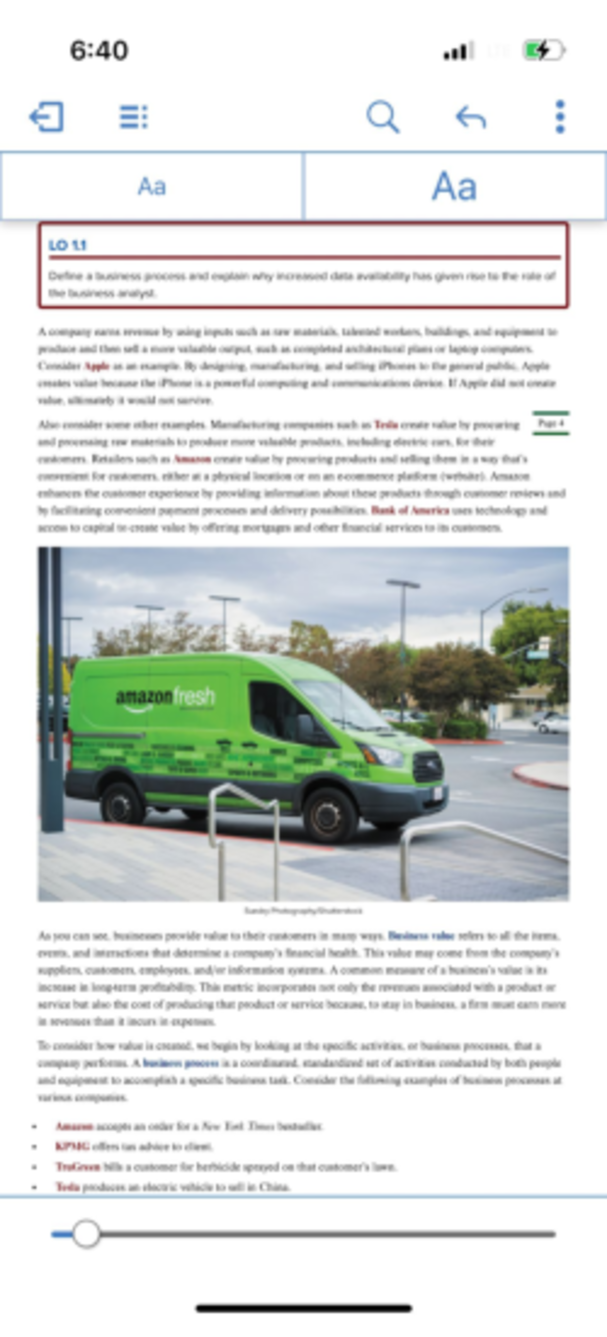 Chapter 1 Overview and Key Concepts (Course Code Included) - 6:40 a Aa Aa LO 1 Define a business ...