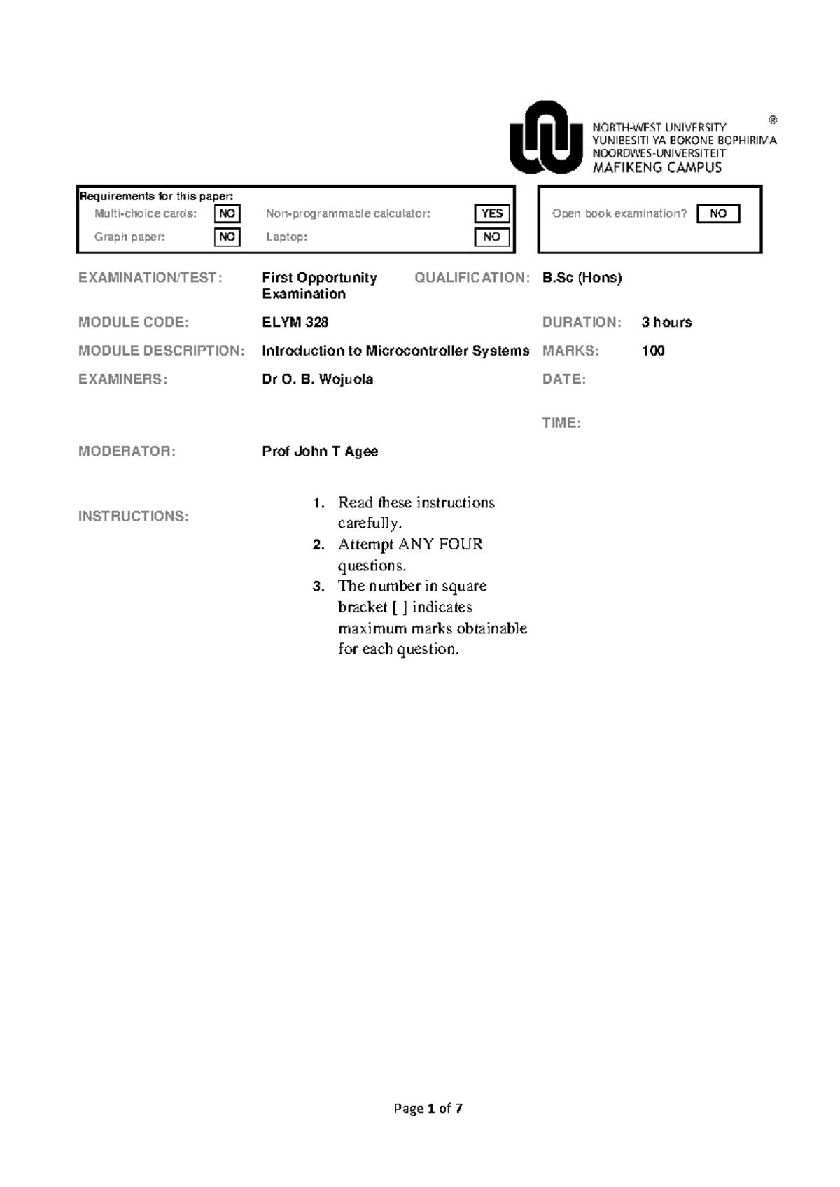 ELYM 328 Final Exam 2018: Microcontroller Systems Requirements - Studocu
