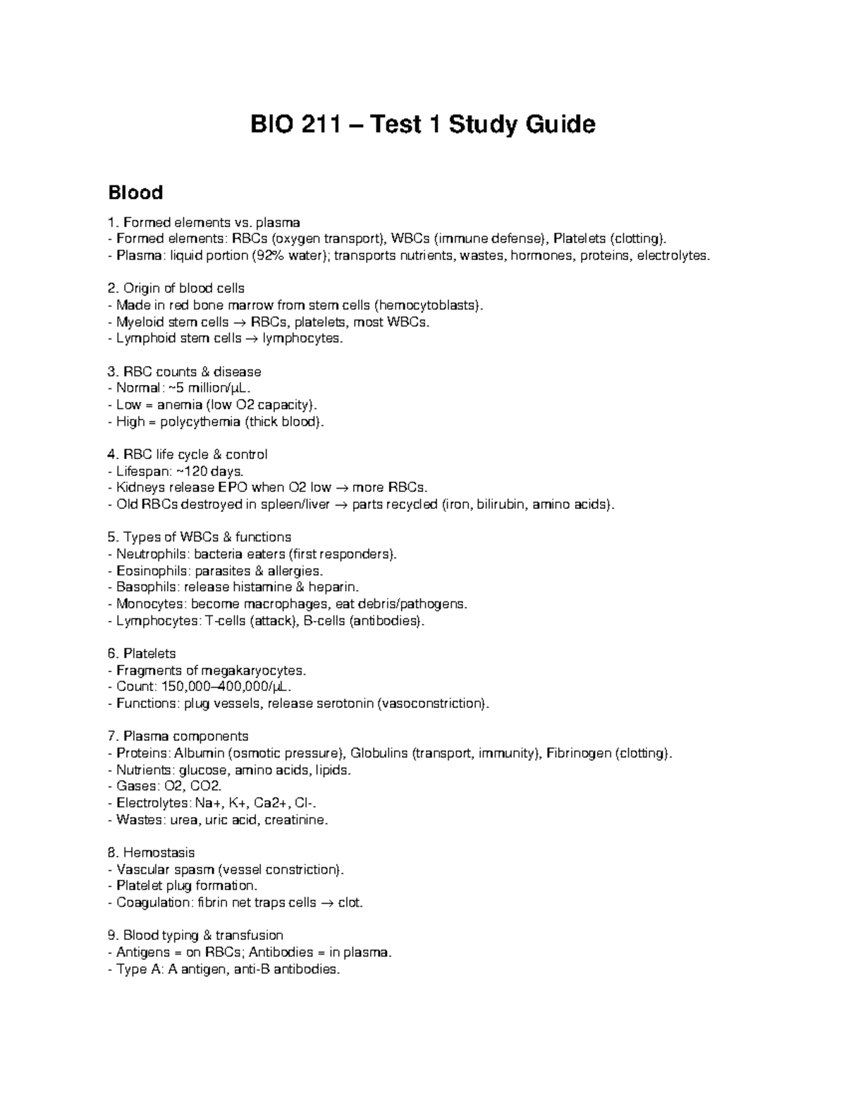 BIO 211 - Test 1 Study Guide: Blood Components & Functions - Studocu