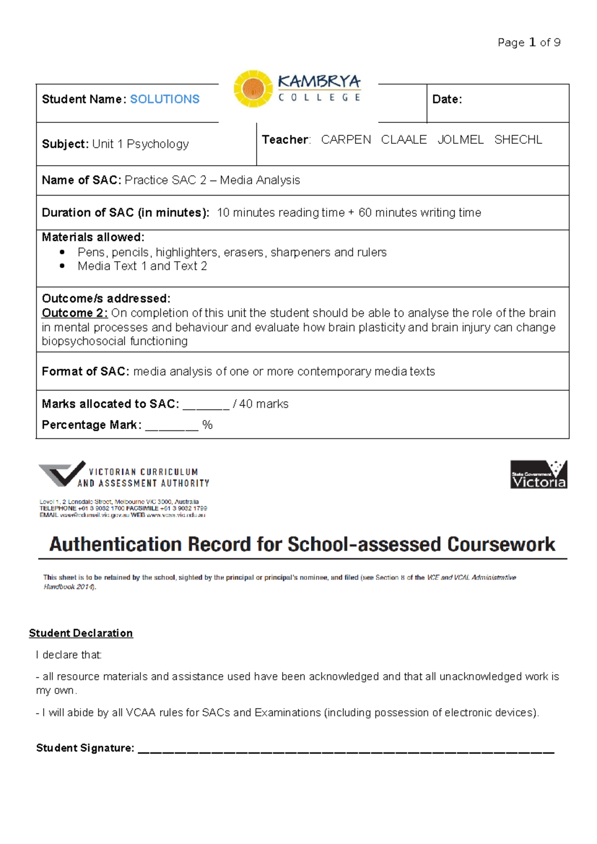Unit 1 Psychology AOS 2 Practice SAC 2 Media Analysis Solutions - Studocu
