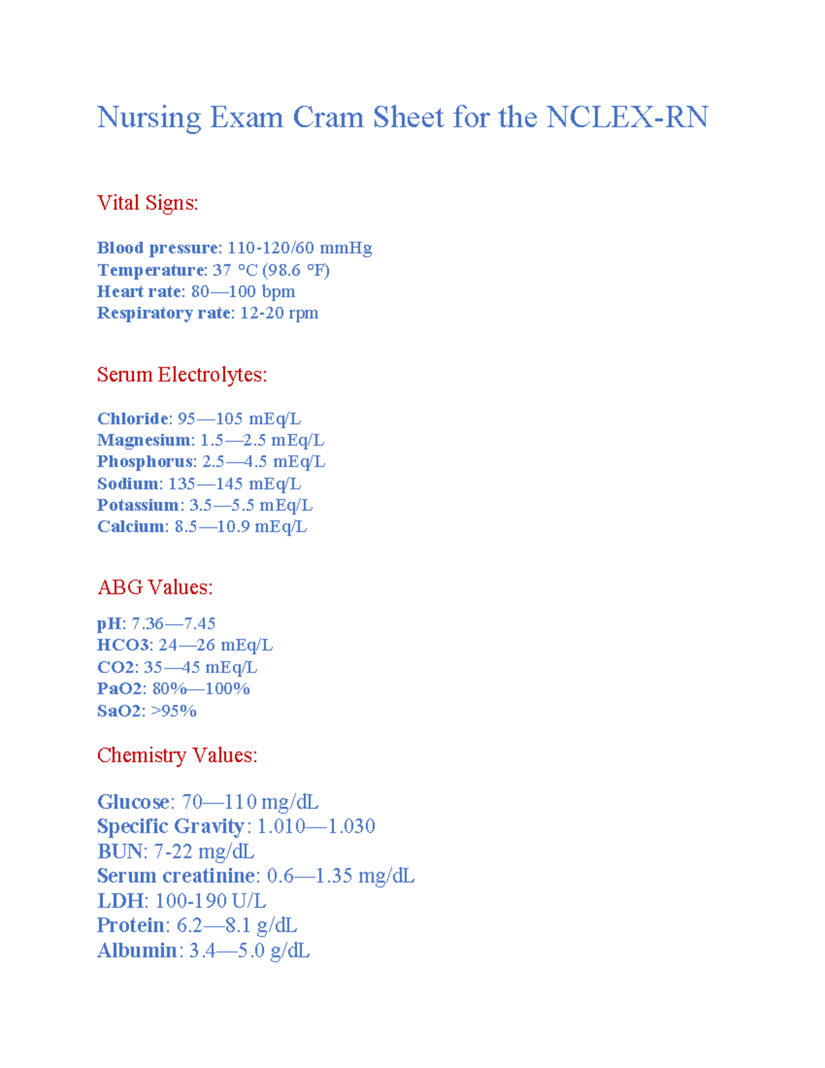 Nursing NCLEX Exam Cram Sheet: Vital Signs & Key Lab Values - Studocu