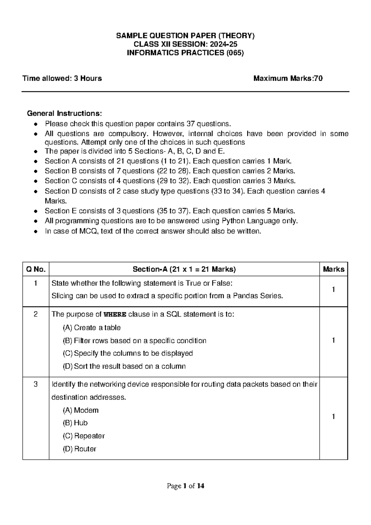 Informatics Practices (065) Class XII Sample Question Paper 2024-25 ...