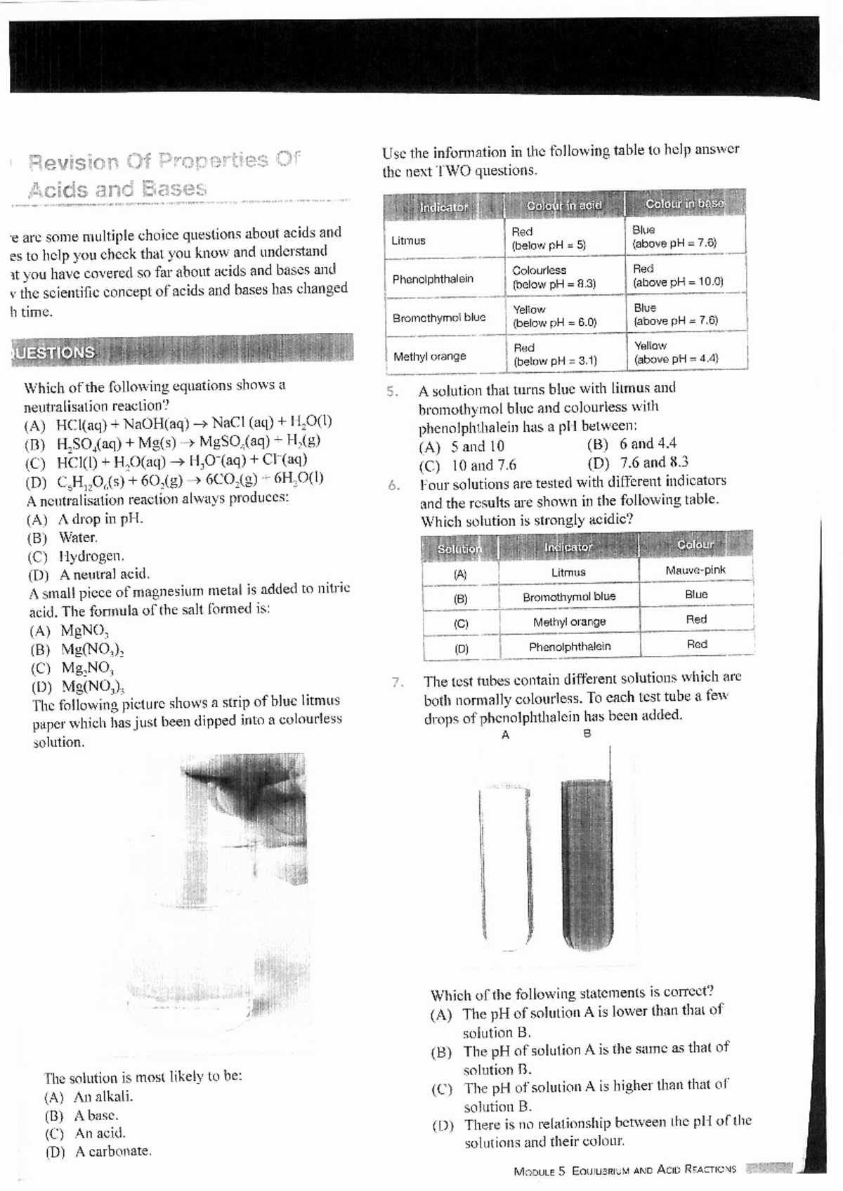 Acid and Bases Module 6 Revision: Key Concepts and Practice Questions ...