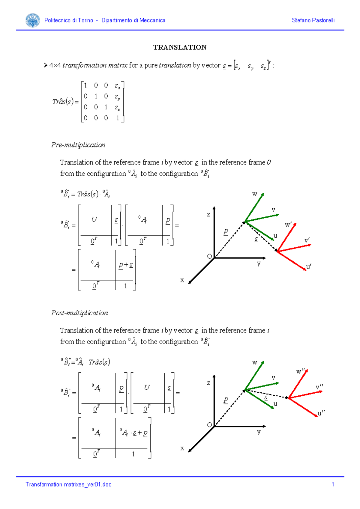 Transformation Matrices for Translation and Rotation - MECH ¾ 4u4 - Studocu