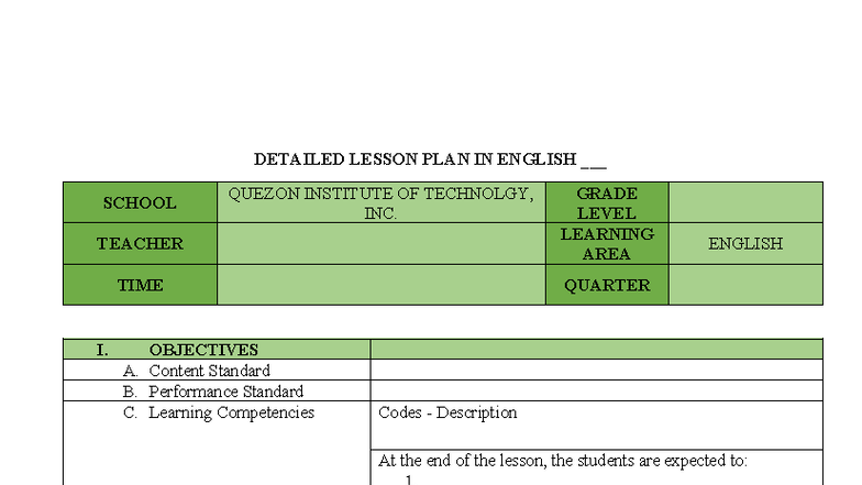 Detailed Lesson Plan in English for Grade Level - Quezon Institute of ...