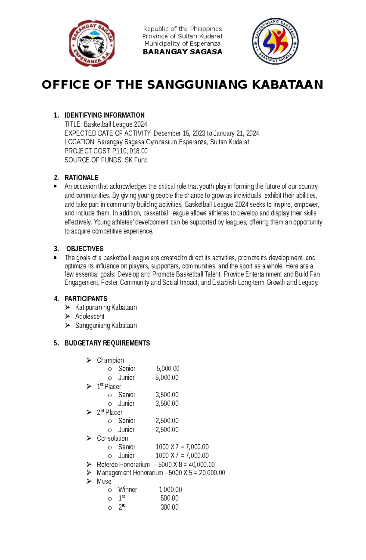 Basketball League 2024 - SK Fund Project Proposal for Youth Development - Studocu