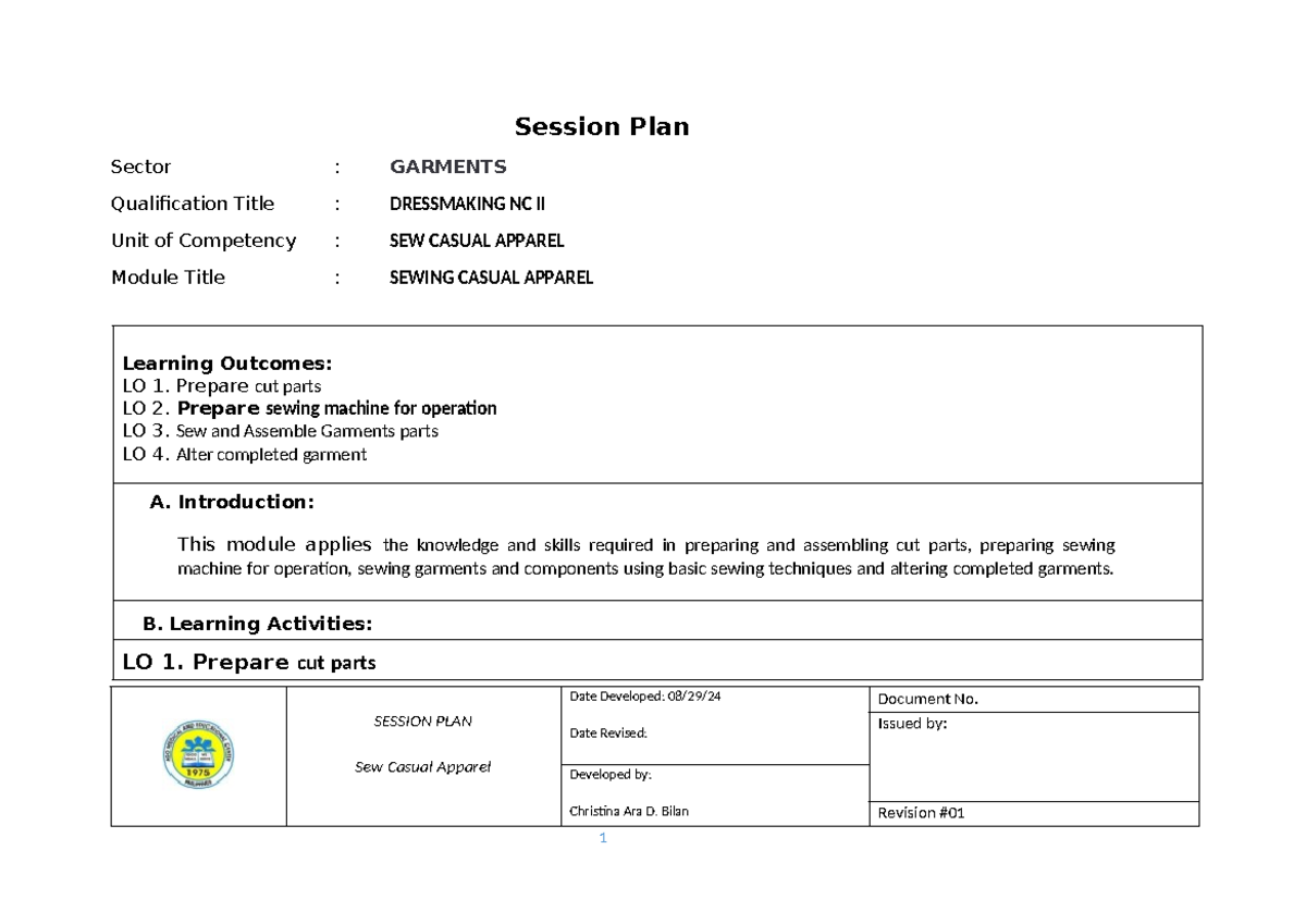 Sewing Casual Apparel Session Plan for Dressmaking NC II - Studocu