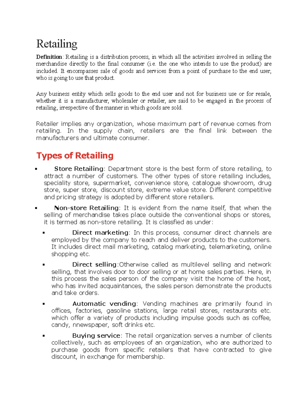 Retailing Management - Lecture Notes on Retailing Concepts and ...