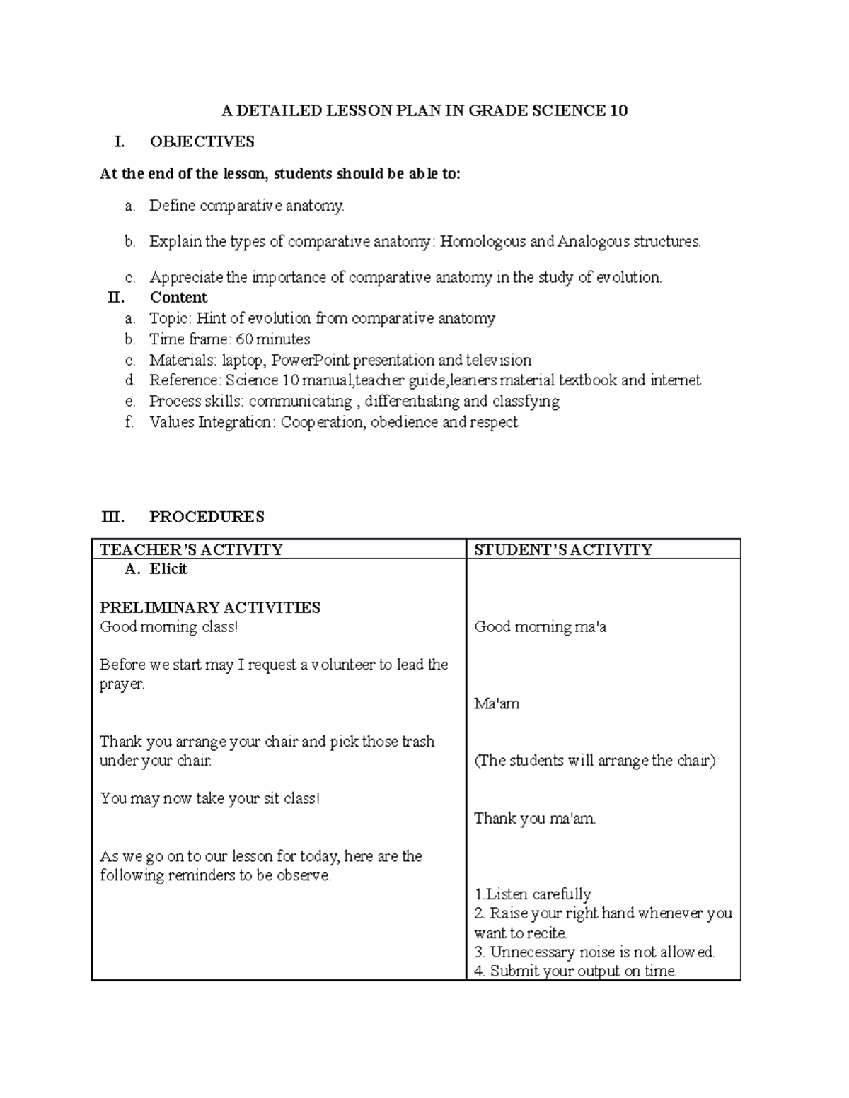 Grade 10 Science Lesson Plan: Comparative Anatomy & Evolution - Studocu