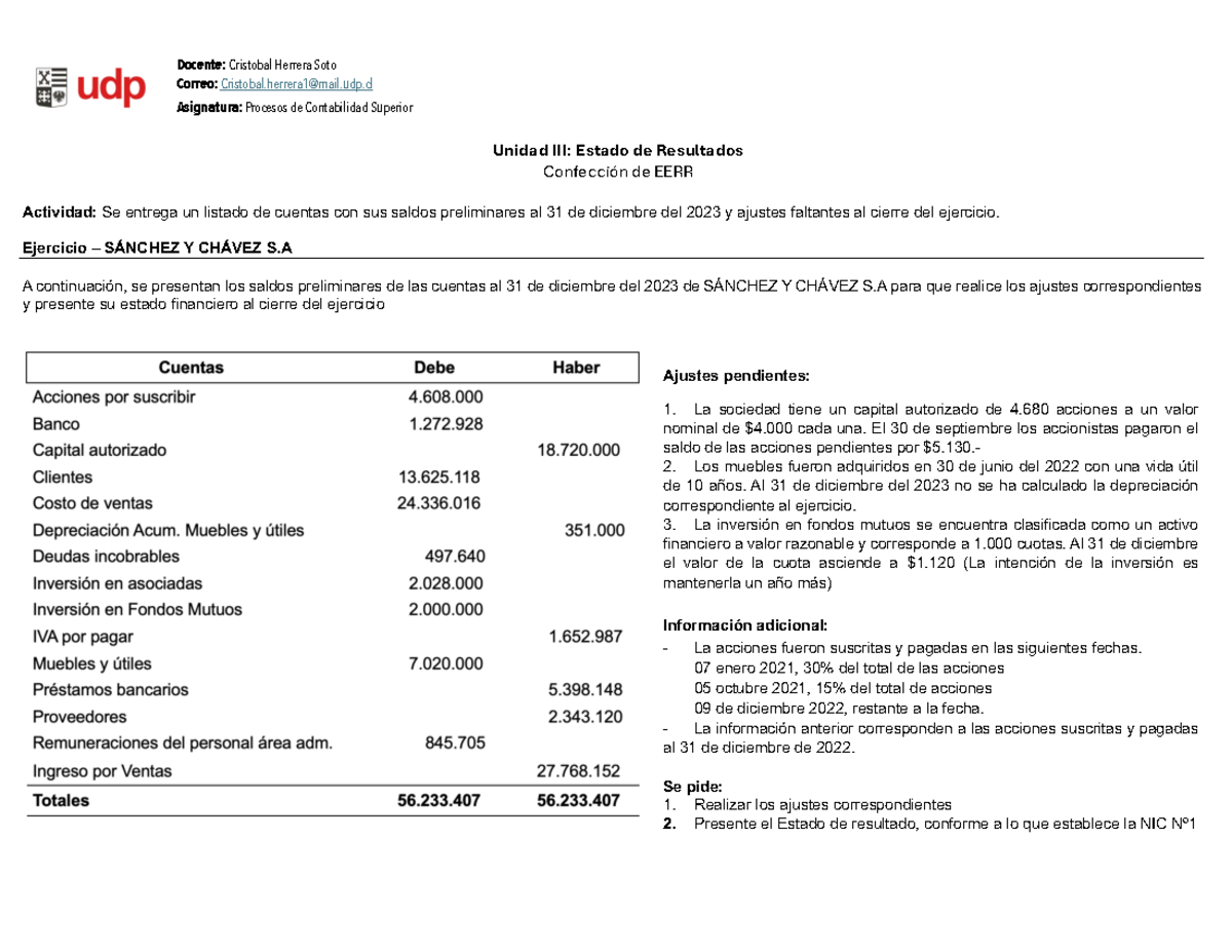 Ejercicio sobre EERR para SÁNCHEZ Y CHÁVEZ S.A - Contabilidad Superior ...