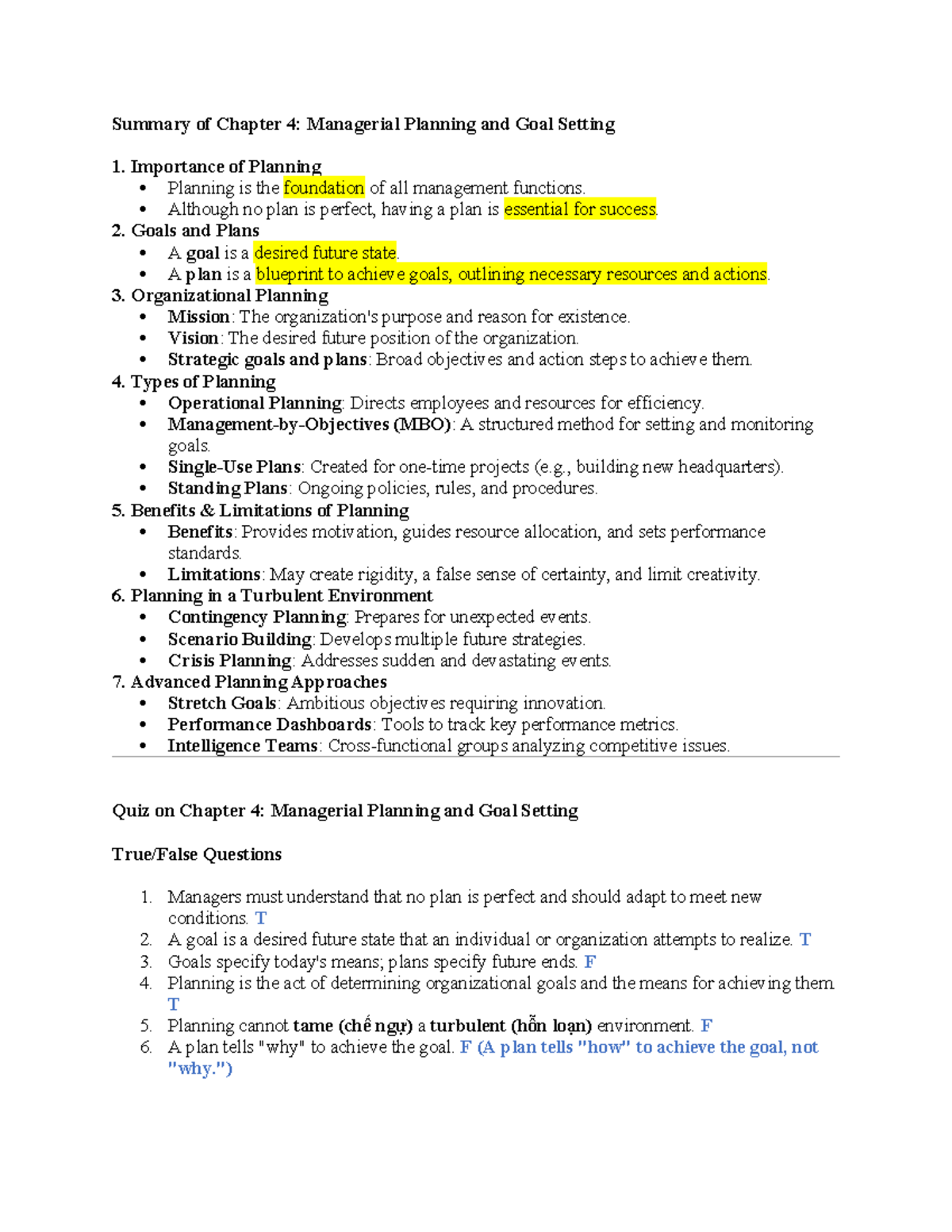 Summary of Chapter 4: Managerial Planning & Goal Setting Insights - Studocu