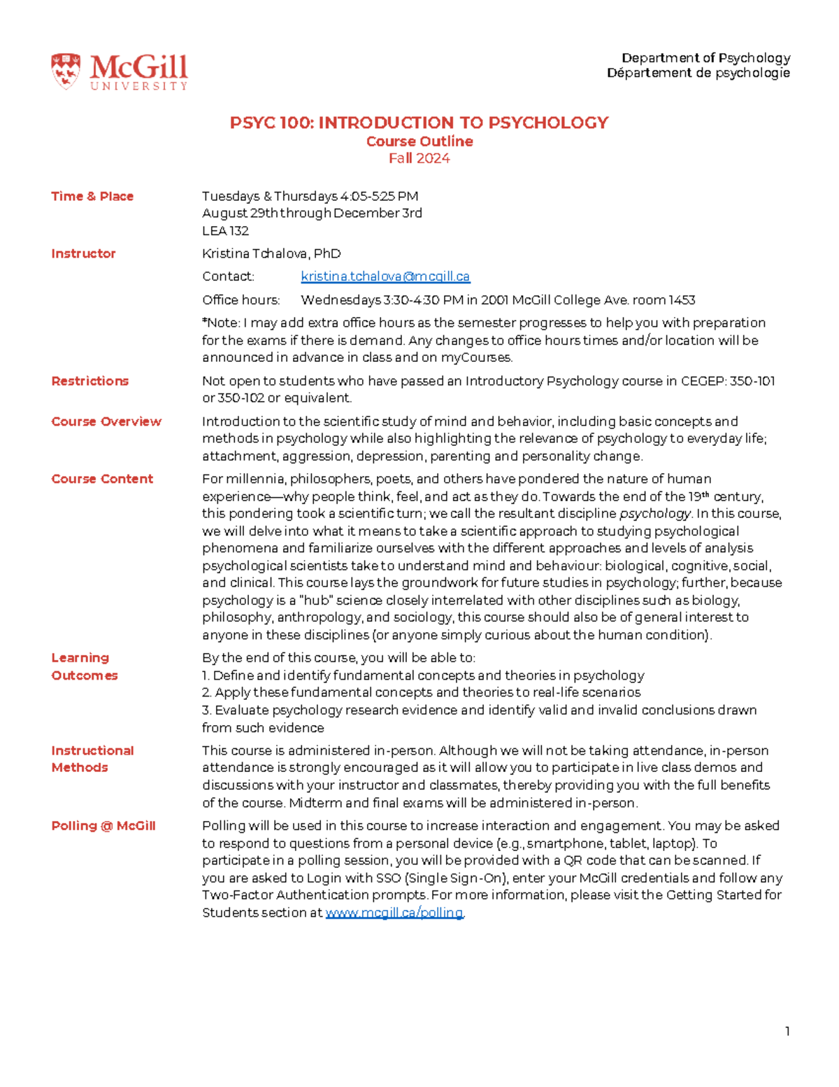 PSYC100 F2024 Syllabus: Introduction to Psychology Course Details - Studocu