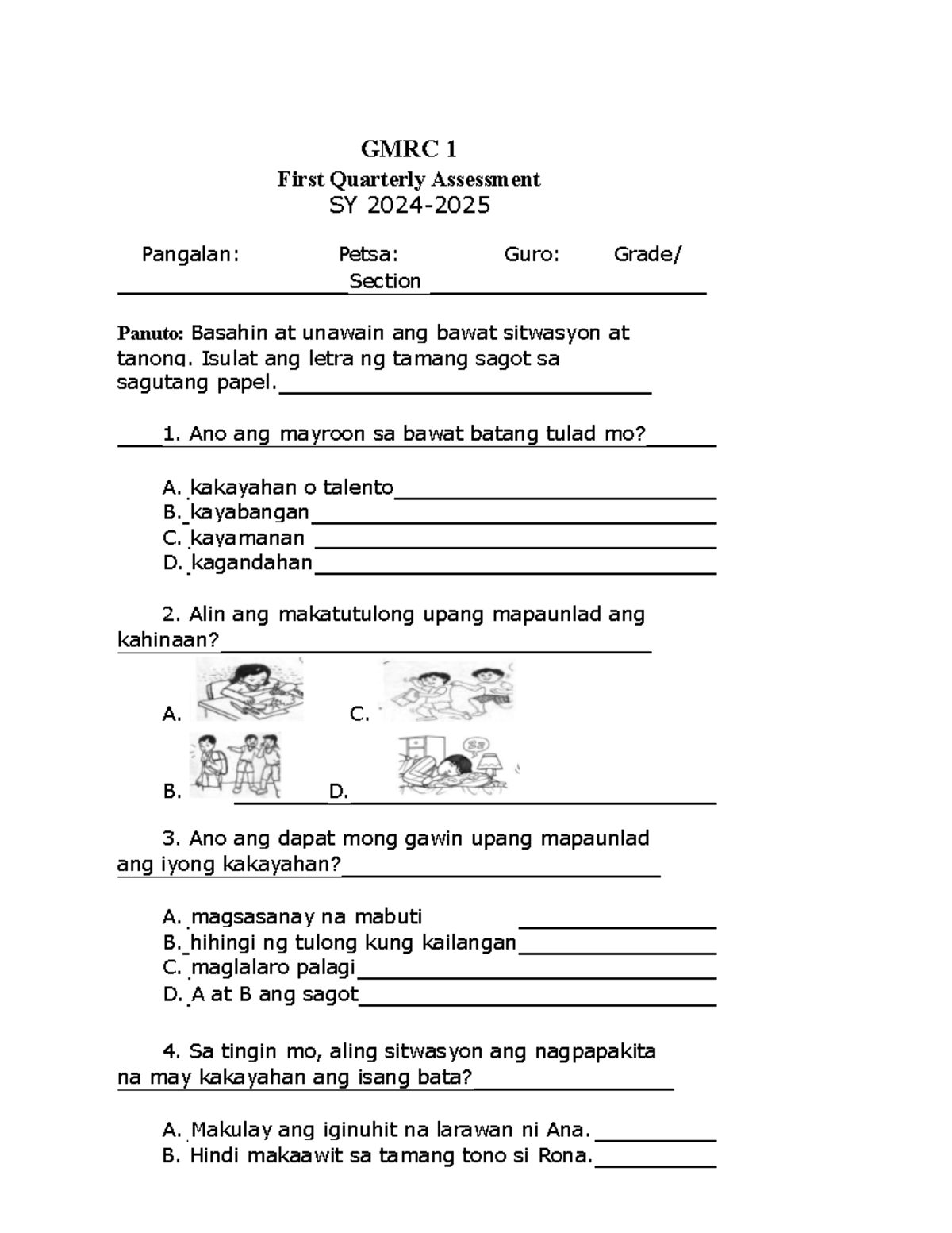 GMRC 1 Q1 Practice Assessment - Answer Key and Guidelines - Studocu