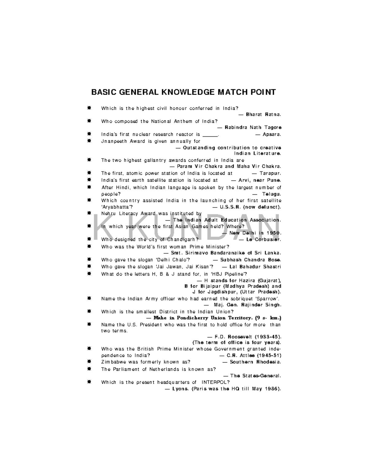 Basic General Knowledge Quiz Notes for K KUNDAN - Studocu