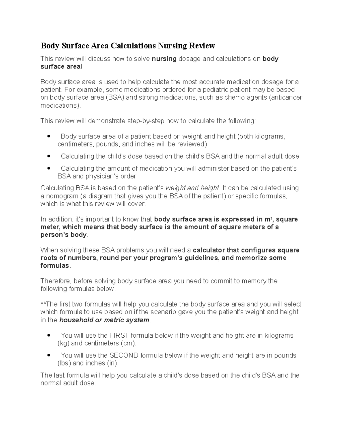 NUR 210: Body Surface Area Calculations for Nursing Dosage Review - Studocu