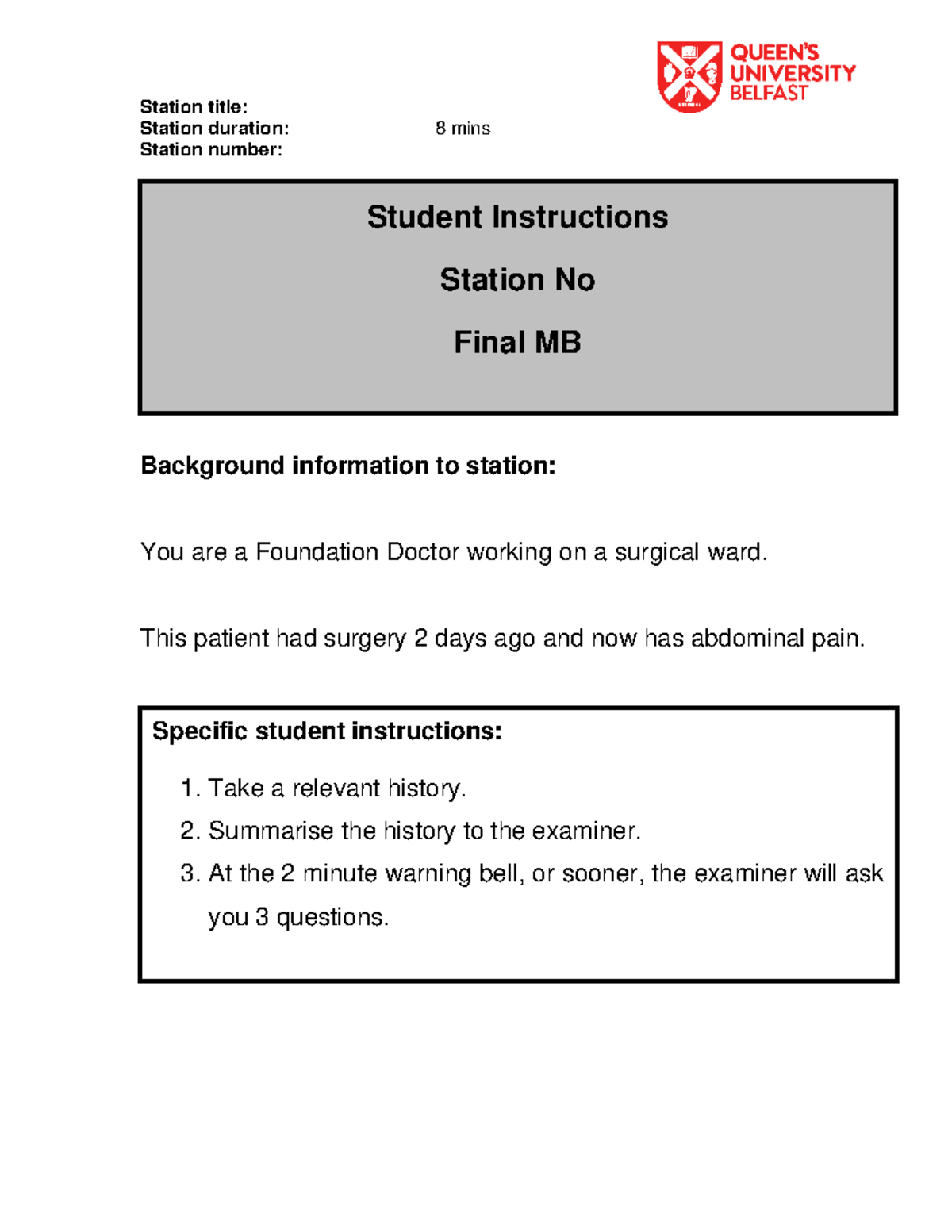 GI surgery station Y5 OSCE Library - Station duration: 8 mins Station ...