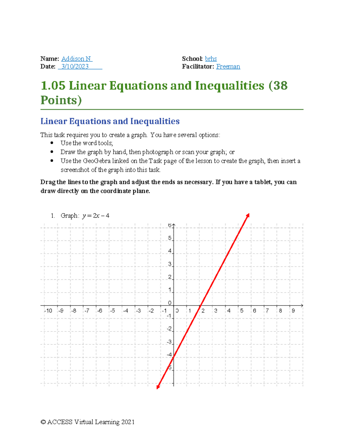 Linear Equations and Inequalities Task 01-05 - Graphing Guide - Studocu