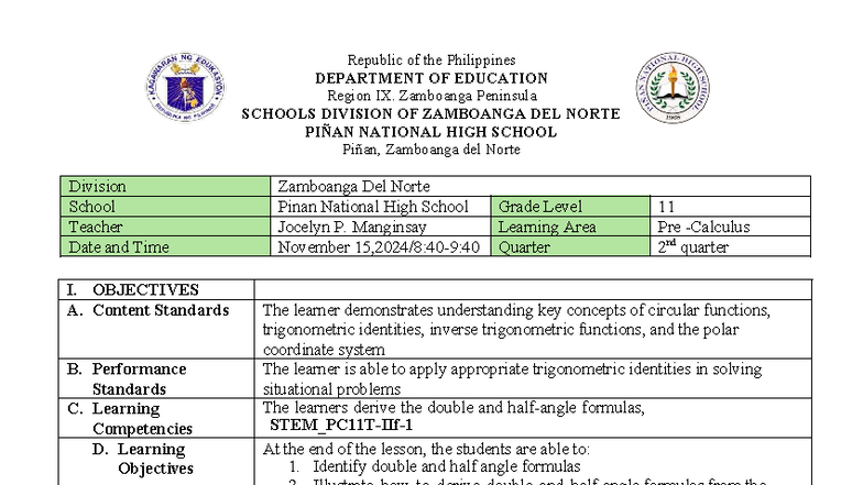 Week 6 Day 3 - Calculus: Double Angle and Half Angle Identities - Studocu