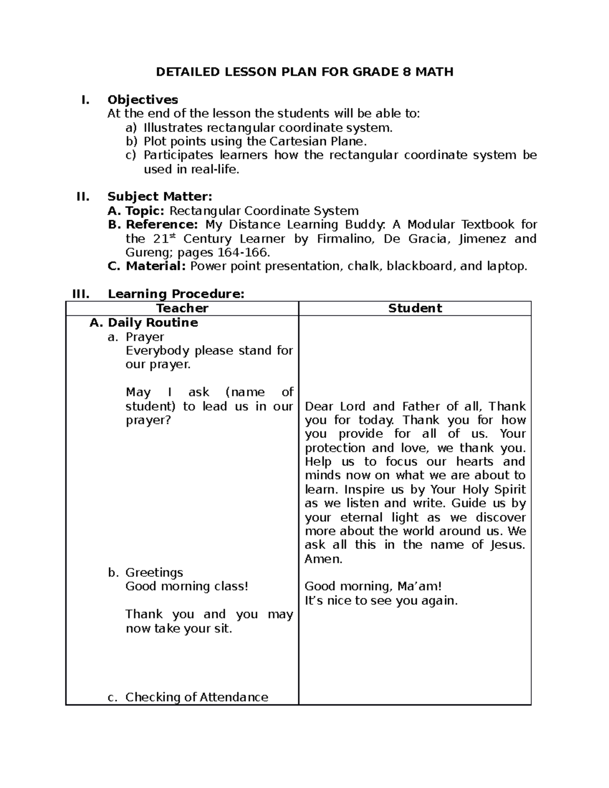 Detailed Lesson Plan: Rectangular Coordinate System for Grade 8 Math ...