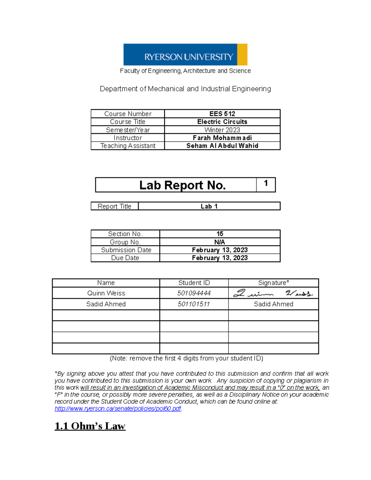EES512 - Lab 01 - Electric Circuits Lab Report for Winter 2023 - Studocu