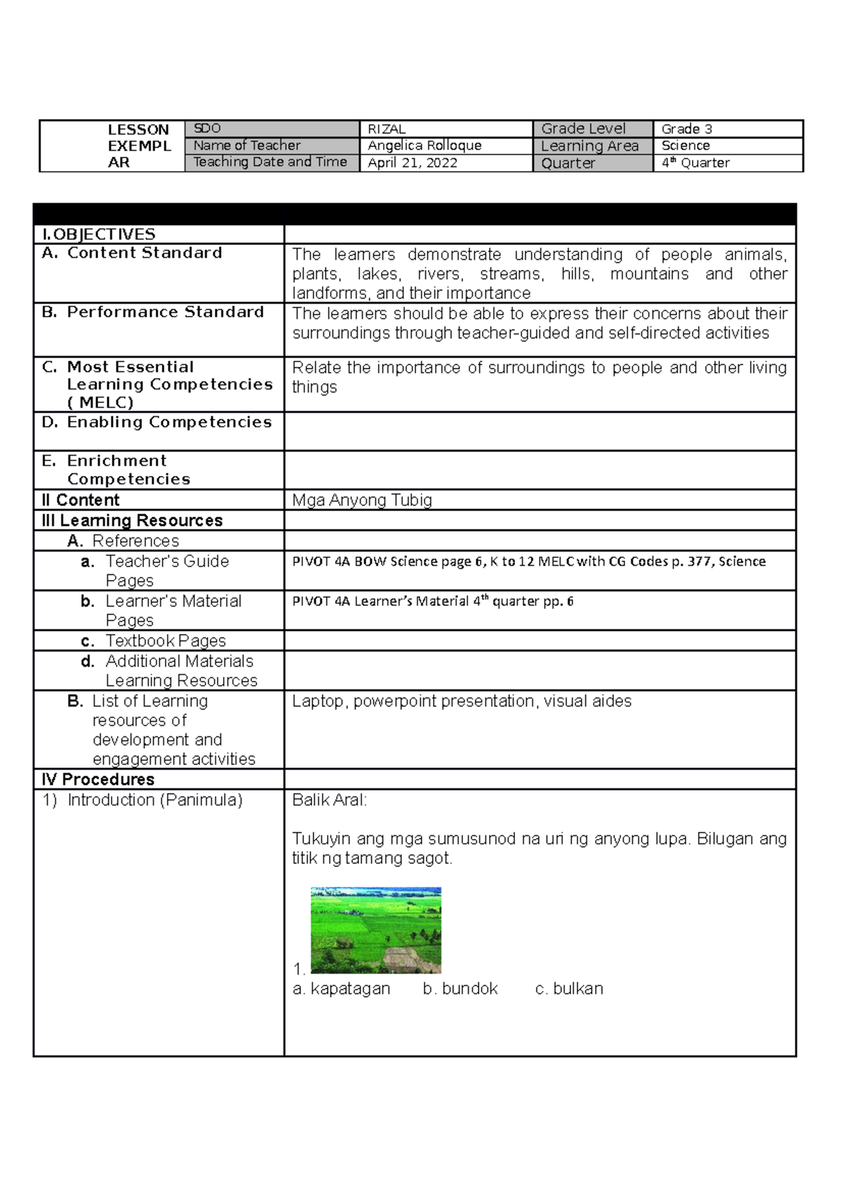 Lesson: Exemplar in Science 3 - Understanding Water Forms - Studocu