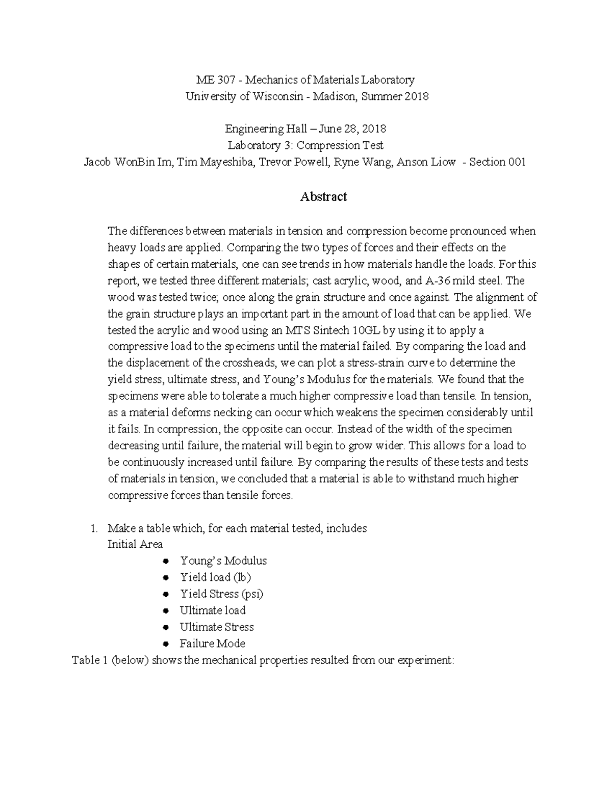 ME 307 - Lab 3: Compression Test on Materials Strength Analysis - Studocu