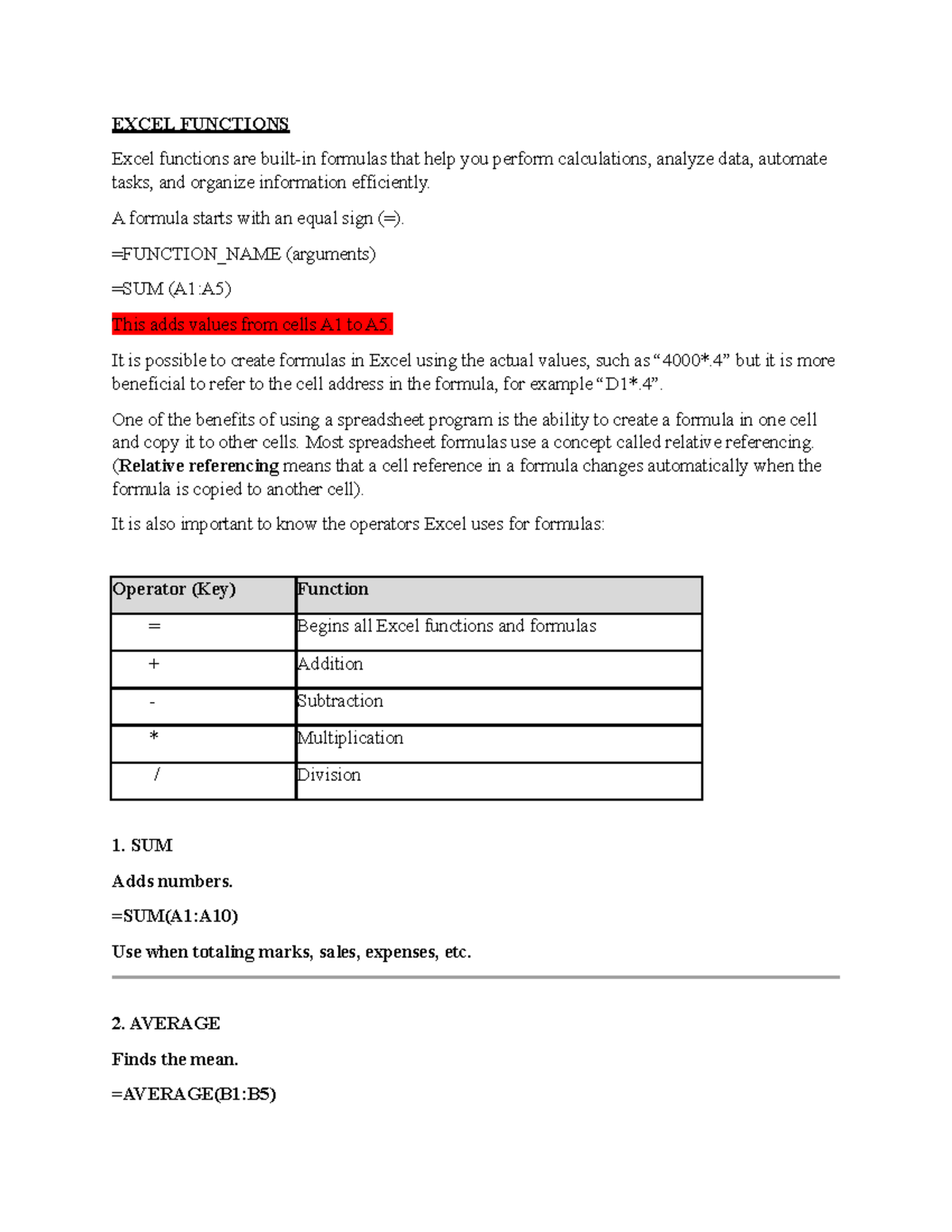Excel Functions Guide: Mastering Formulas and Calculations - Studocu