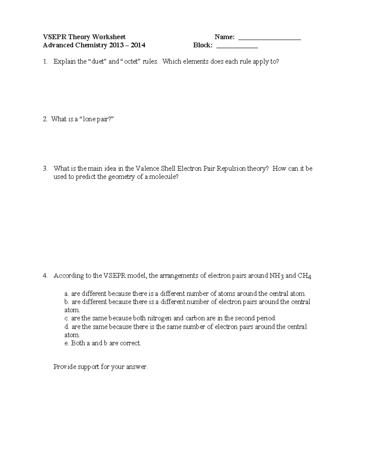 VSEPR Theory Worksheet - Advanced Chemistry 2013-2014 - Studocu