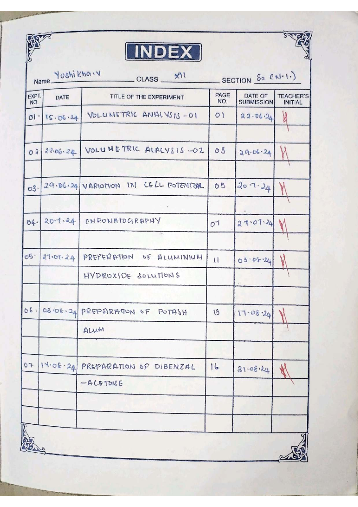 Chem Record - Class XII Section S2 Volumetric Analysis & Experiments ...