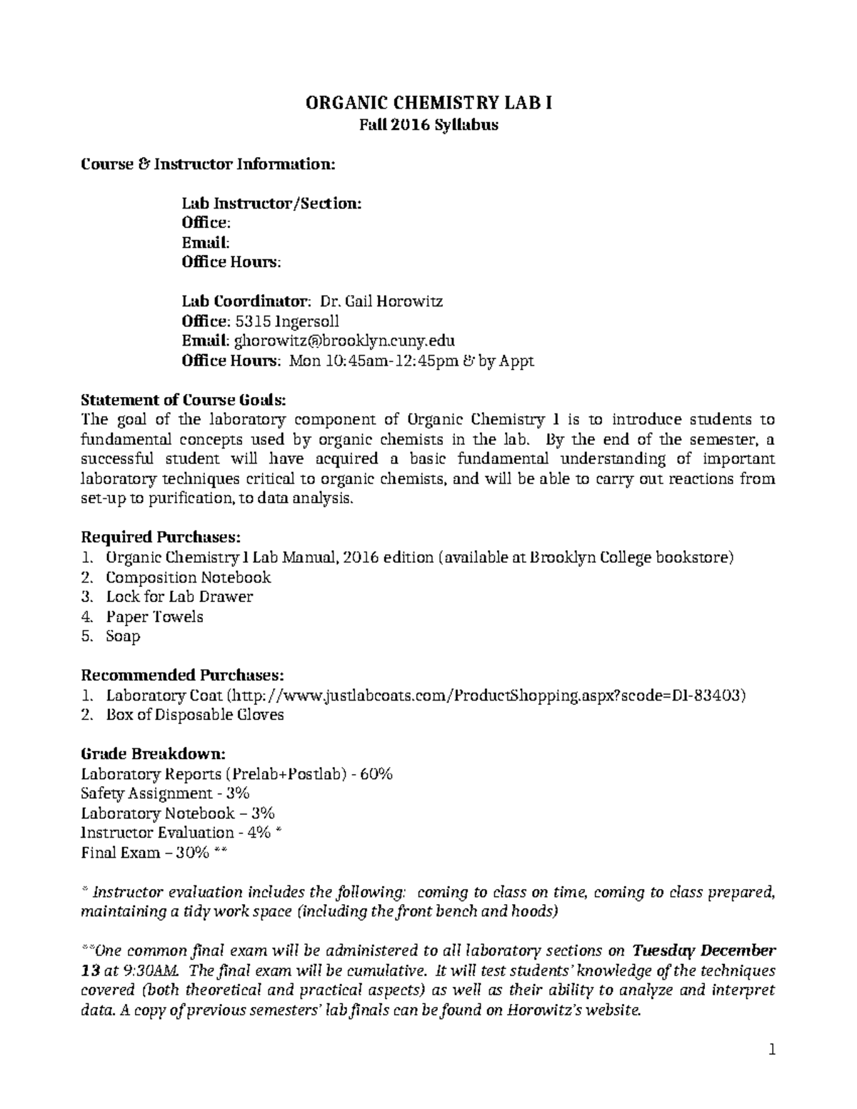 Organic I Lab Syllabus - ORGANIC CHEMISTRY LAB I Fall 2016 Syllabus ...