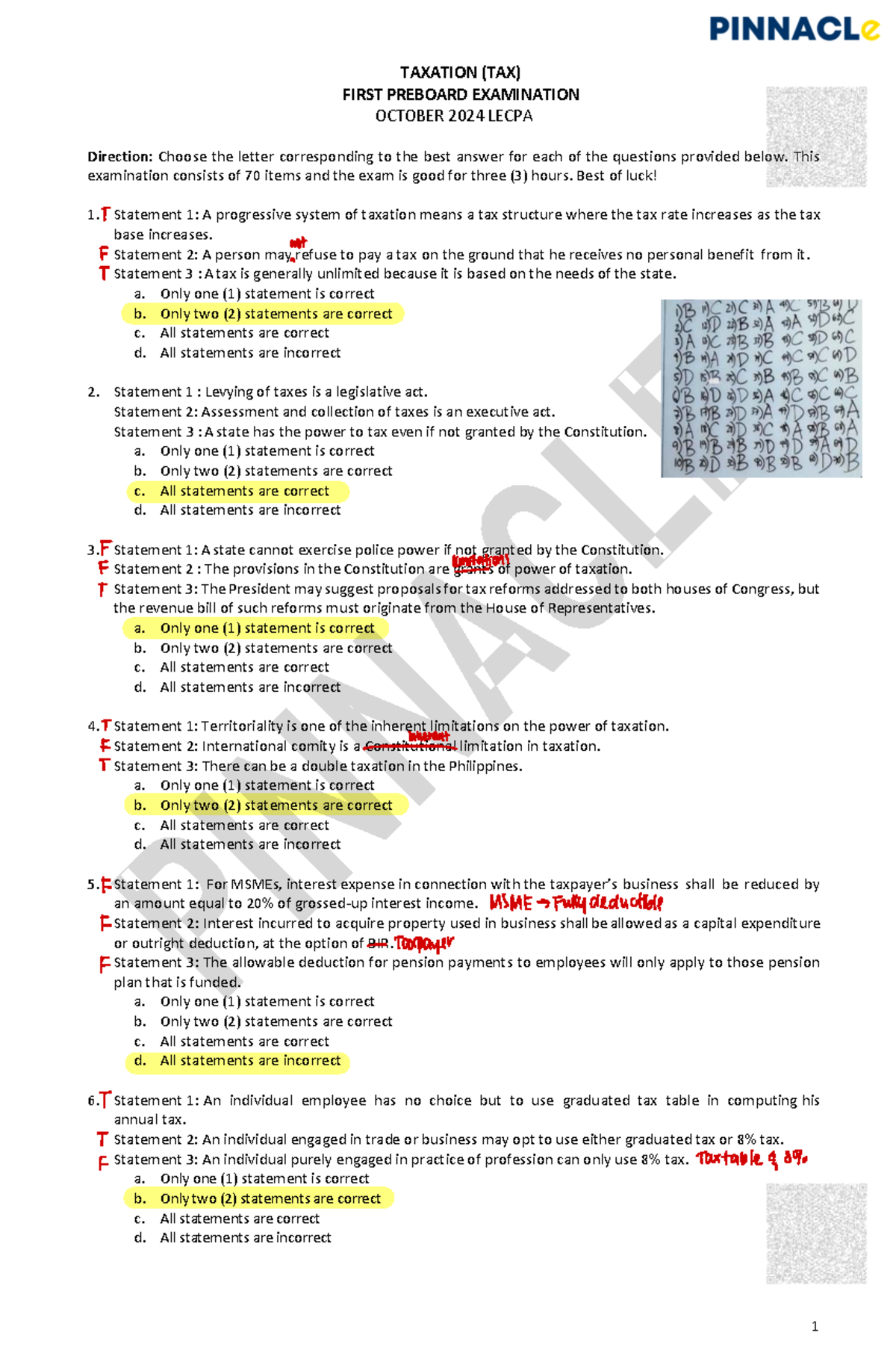 TAXATION (TAX) FIRST PREBOARD EXAMINATION ANSWER KEY OCT 2024 - Studocu