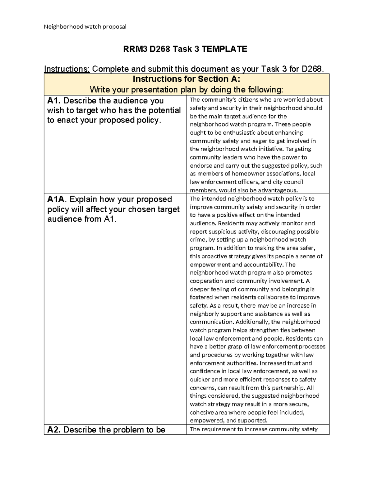 RRM3 D268 Task 3: Neighborhood Watch Policy Proposal Template - Studocu