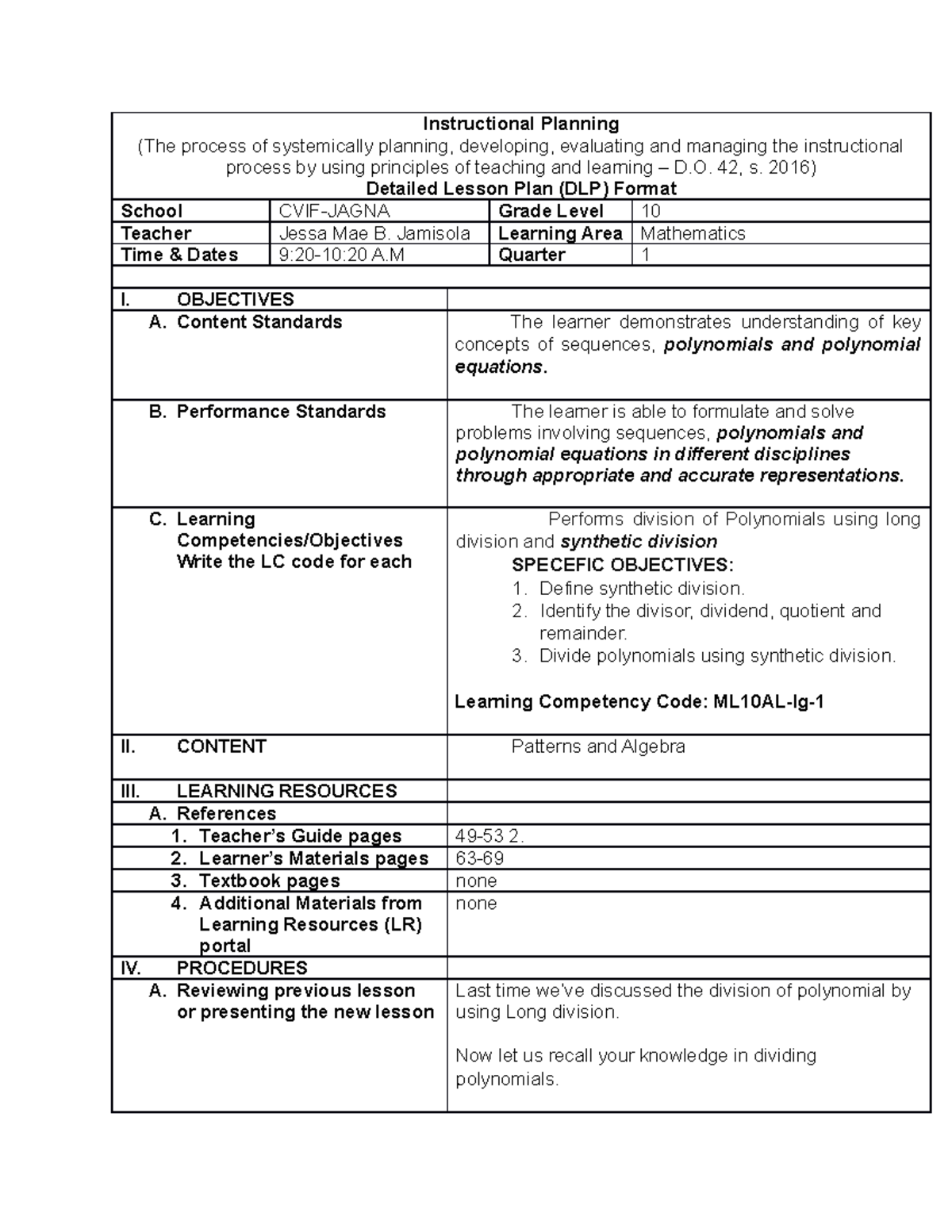 Lesson Plan: Long Division of Polynomials for Grade 10 Mathematics ...
