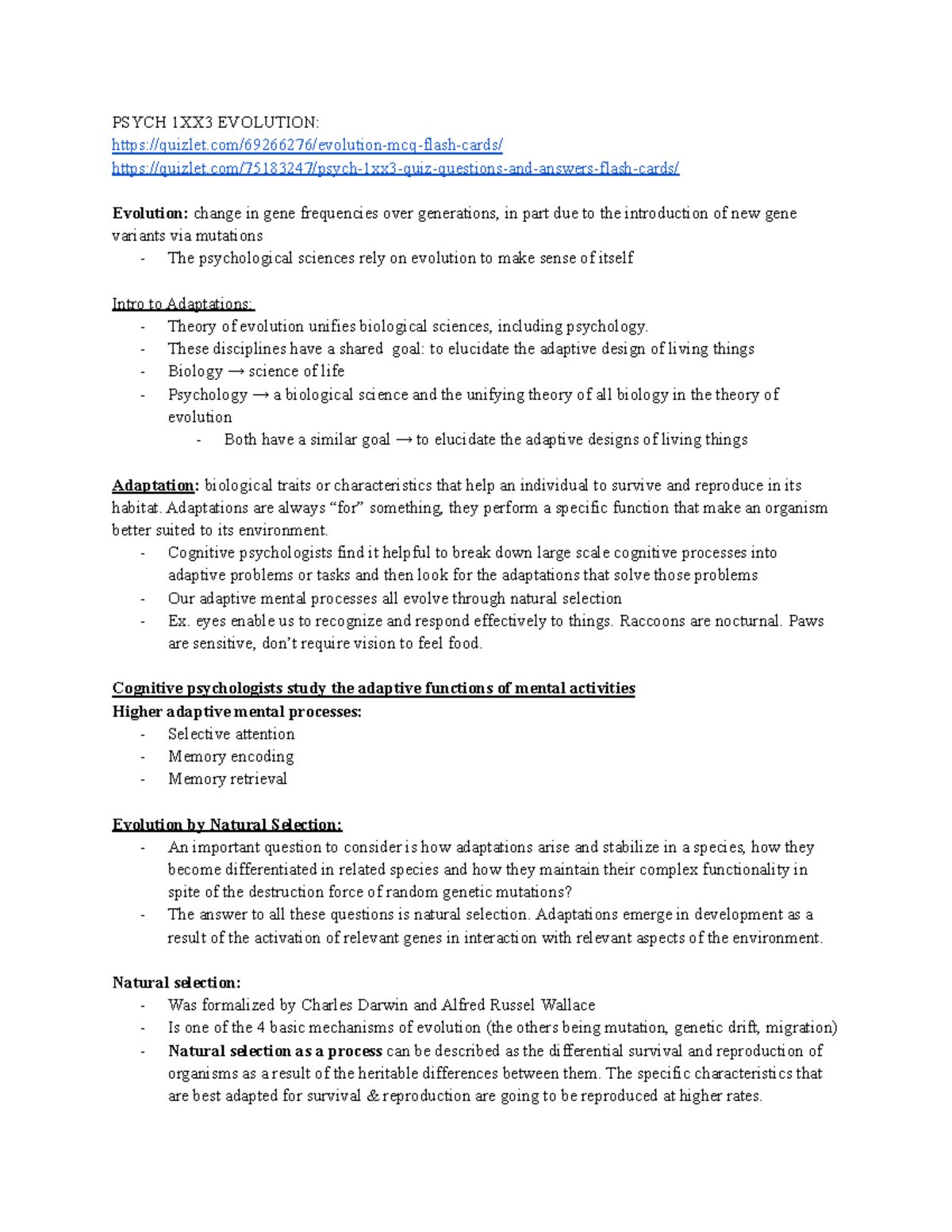 PSYCH 1XX3: Evolution Notes - PSYCH 1XX3 EVOLUTION: quizlet/69266276 ...