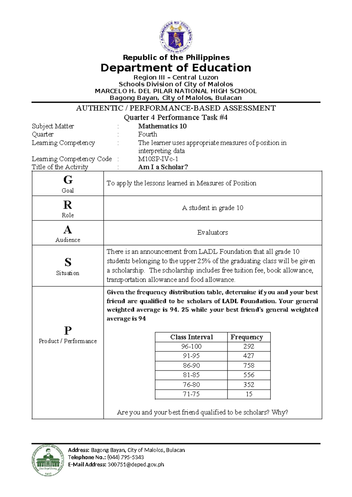 Mathematics 10 Q4 Performance Task: Scholar Qualification Assessment ...