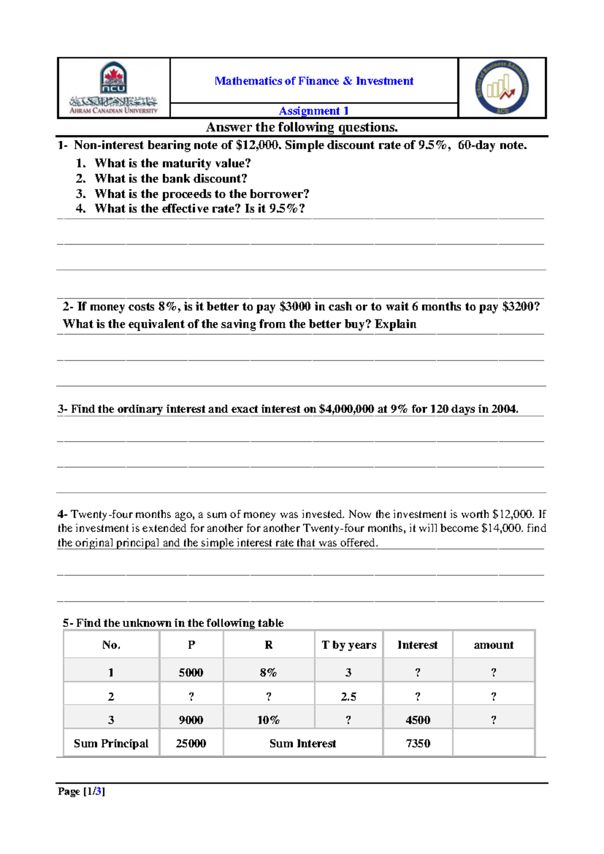 Mathematics of Finance (FIN 101) Assignment 2: Simple Interest Problems ...
