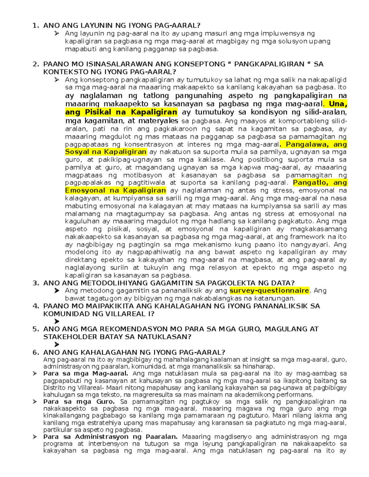 MGA Posibleng Tanong sa Layunin ng Pag-aaral ng Pagbasa - Studocu