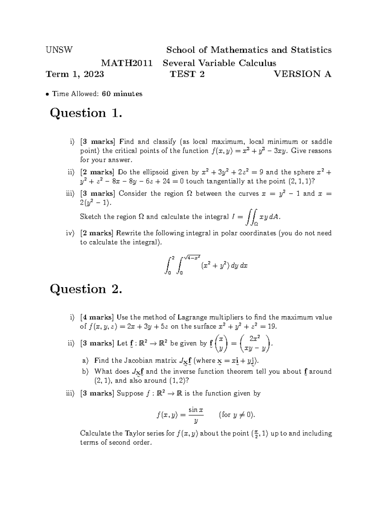 Math2011 Term 1, 2023 Several variable calculus test 2 version A - Studocu
